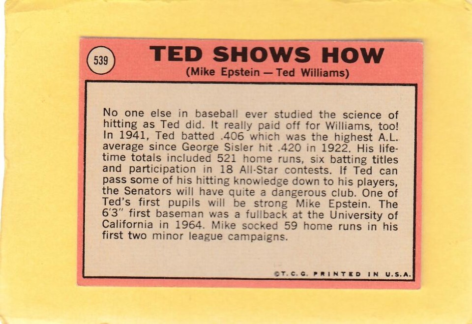 1969 Topps #539 Mike Epstein/Ted Williams Senators EX+ Ted Shows How ...