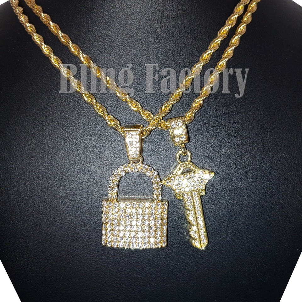 Hip Hop Iced Gold plated Lock & Key Pendant & 24" Rope Chain Bling ...