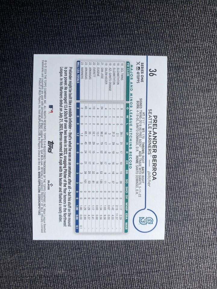 2024 Topps Series 1 Prelander Berroa #36 Rookie Seattle Mariners | eBay