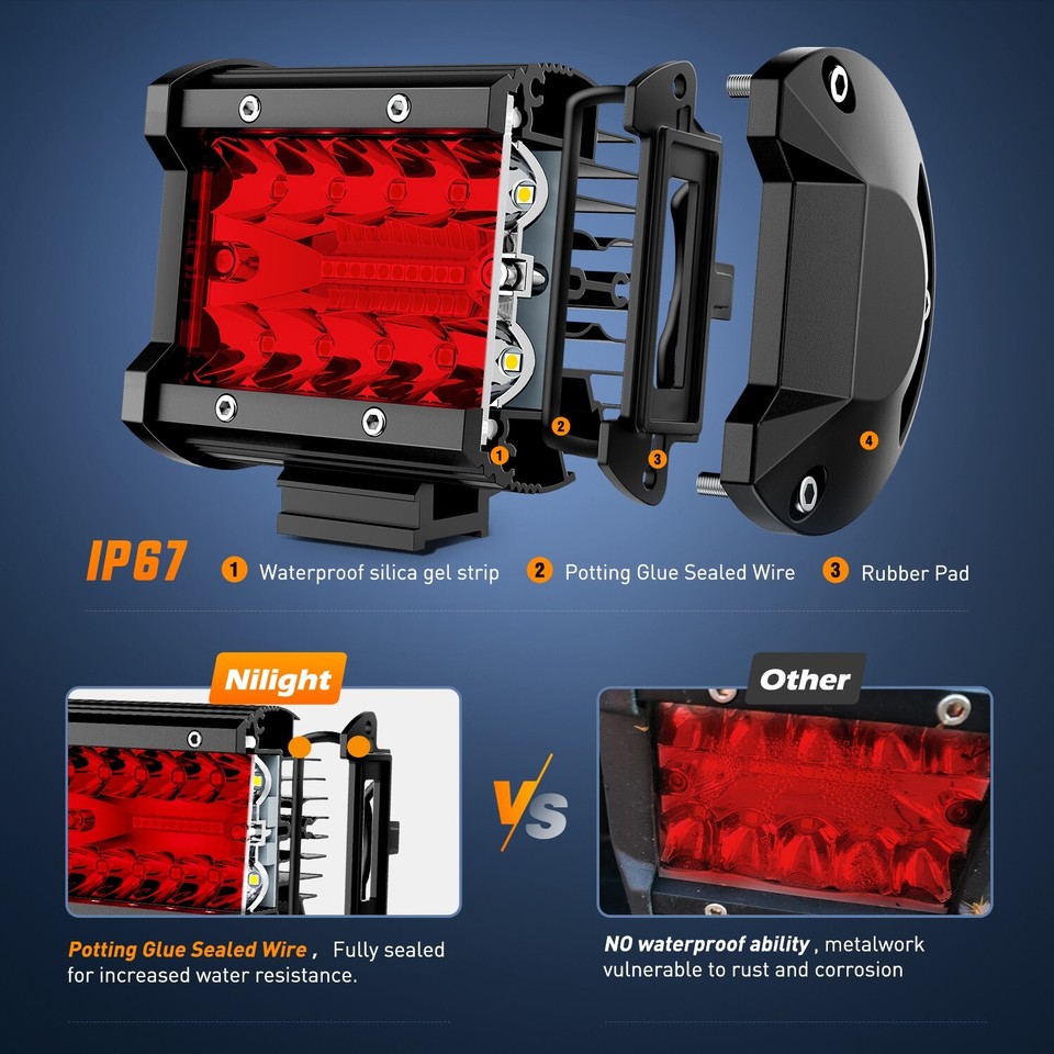 Nilight 4" LED Light Pod Red Triple Row 2PCS 60W Flood Spot Combo ...