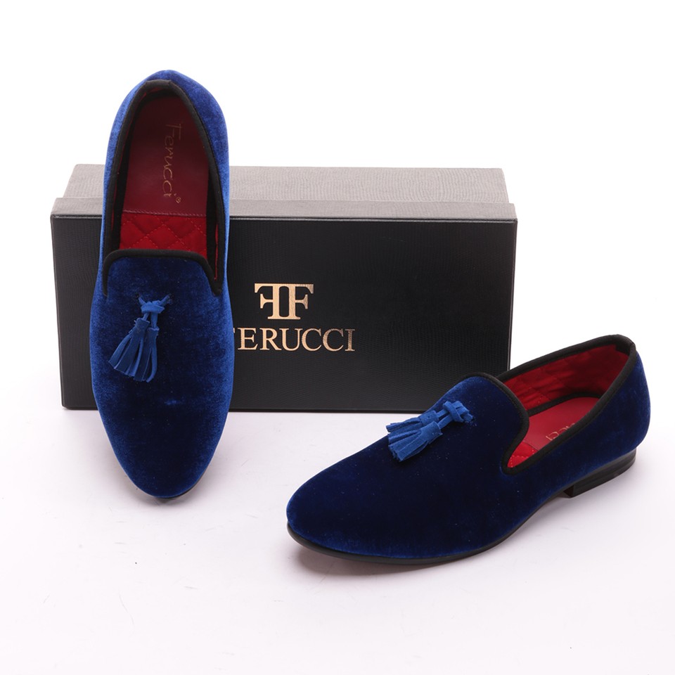 FERUCCI Men Blue Velvet Slippers loafers with Blue Tassel Prom Wedding ...