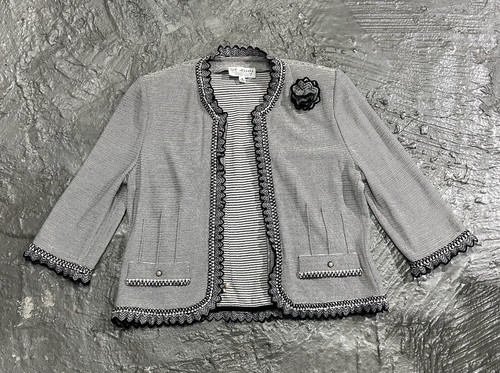 ST. JOHN Knit Black White Ruffle Trim Blazer Jacket | eBay