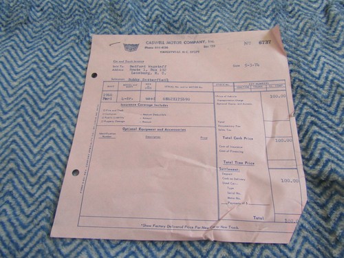 1974 FORD DEALER INVOICE FOR SALE OF 1966 FORD GALAXIE 4 DOOR 390 2BBL ...