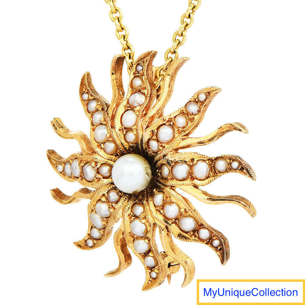 14k Yellow Gold Pearl Sunburst Floral Pendant Vintage… - Gem