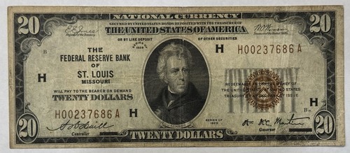 1929 $20 Federal Reserve Bank of St. Louis National Note Circulated | eBay
