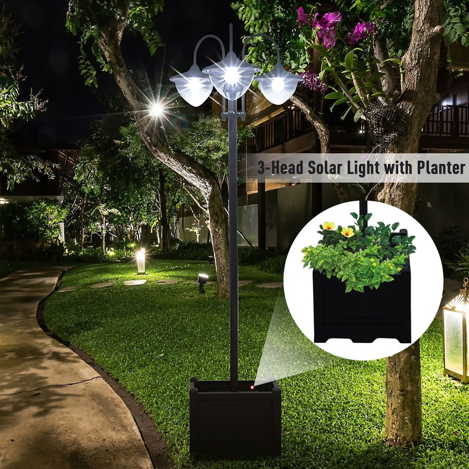 3-head LED Solar Light Lamp Street Light Post with Planter Base, Black ...