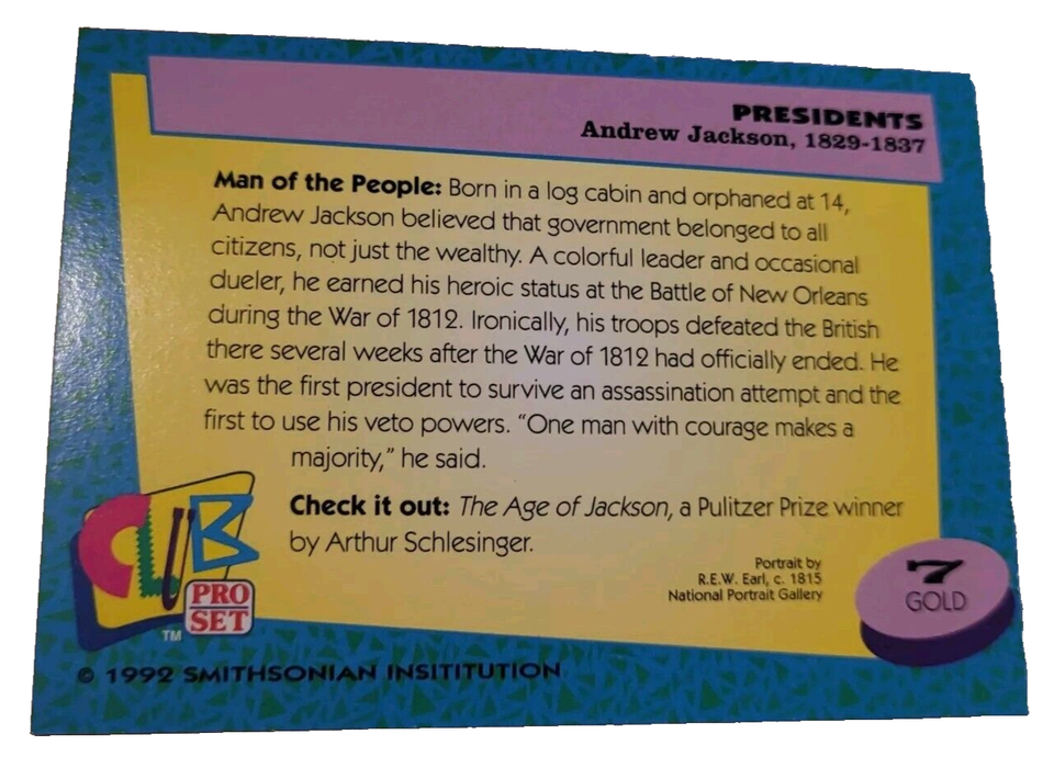 1992 Club Pro Set Presidents #7 Andrew Jackson Trading Card Smithsonian ...
