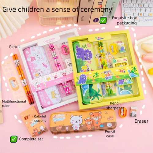 Colored Crayons Pencil Eraser Set Rulers Stationery Gift Box Writing ...