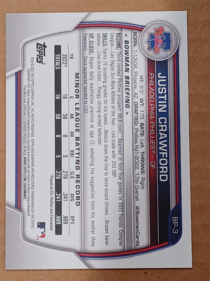 2023 1st Bowman BP3 Justin Crawford Phillies Baseball Card | eBay