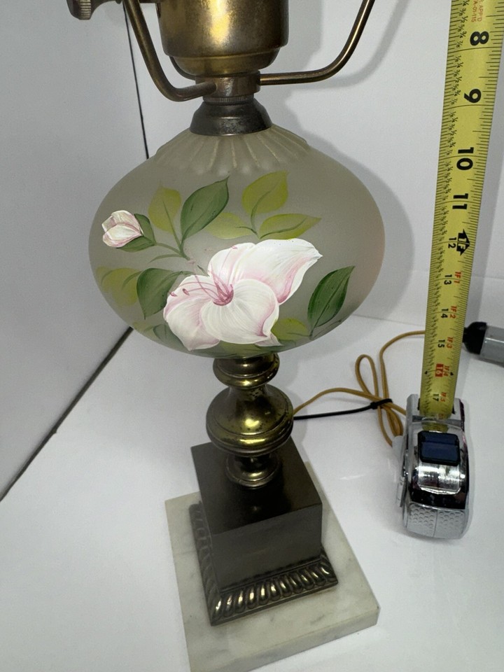 Parlor Table Lamp Floral Pattern Brass & Marble Base Vintage Hand ...