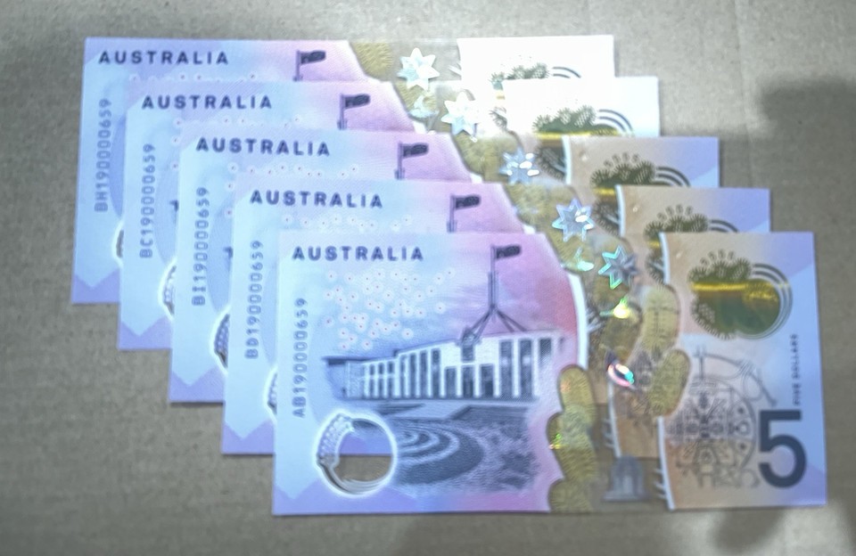 🌟 5 x 2019 $5 Australian Dollar Notes - UNC -Same Numbers-General ...