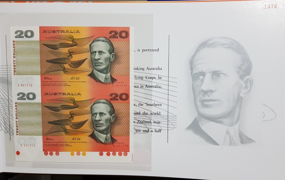 AUSTRALIA 1993 $20 RED VERTICAL FRASER COLE PAIR UNCUT FOLDER NOTES A ...