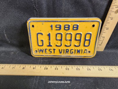 Vintage 1988 West Virginia Motorcycle License Plate G19998 Used Wall ...