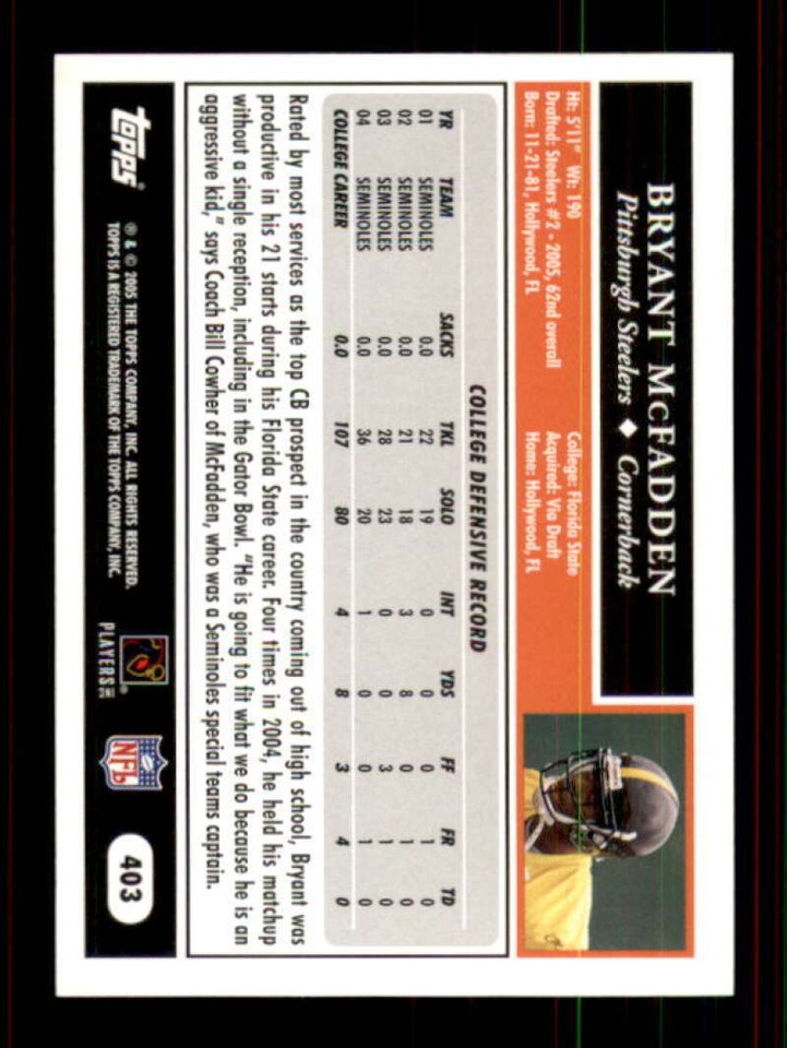 2005 Topps #403 Bryant McFadden NM/NM+ RC Rookie Steelers 241987 | eBay