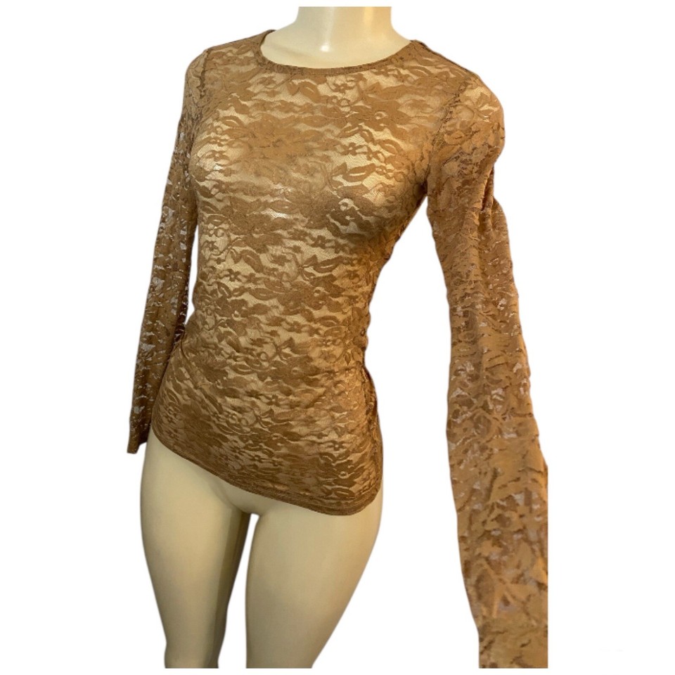 Y2K Coquette Lace Sheer Floral Long Sleeve Brown Tan Top Round Neck | eBay