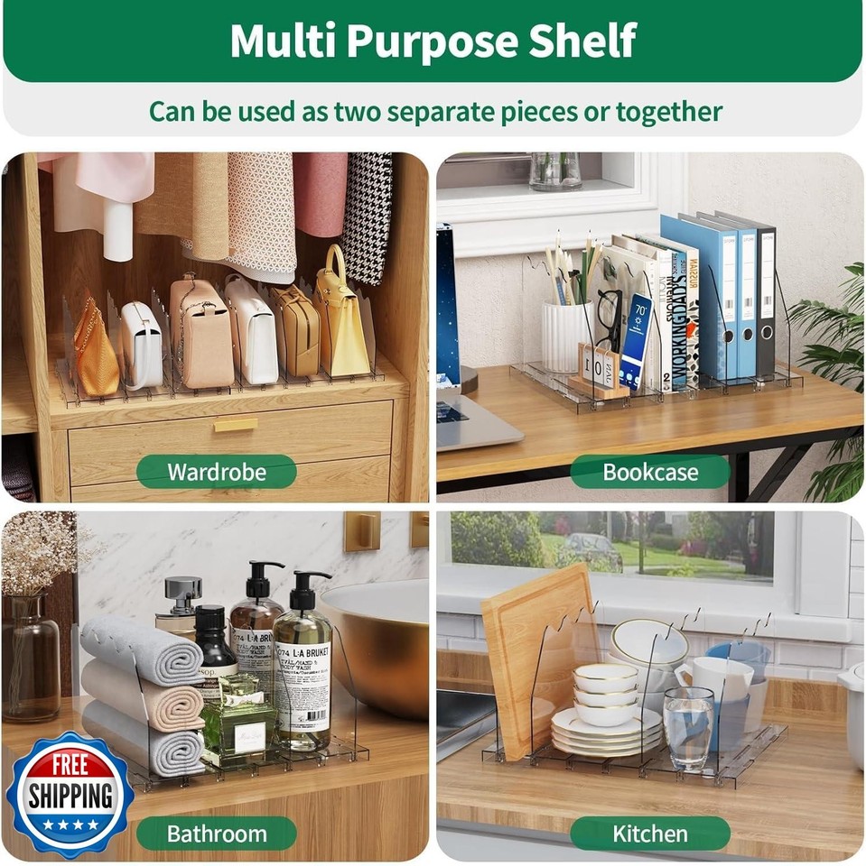 SPACEKEEPER Adjustable Shelf Divider for Closet, 2 Pack Clear Pur | eBay