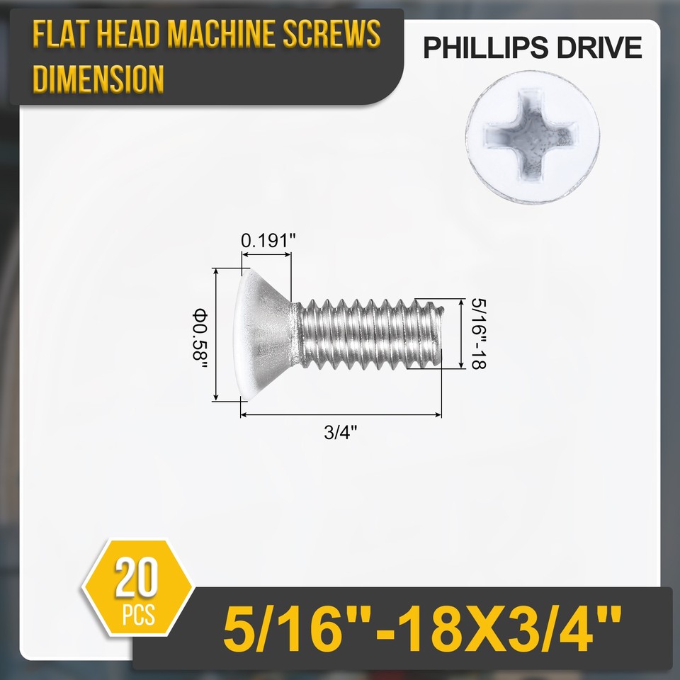 5/16"-18x3/4" Flat Head Machine Screws -20pcs -304 Stainless Steel ...