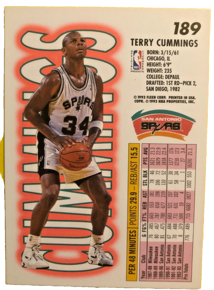 TERRY CUMMINGS #34 San Antonio SPURS 1993 Forward Card #189 NBA All ...