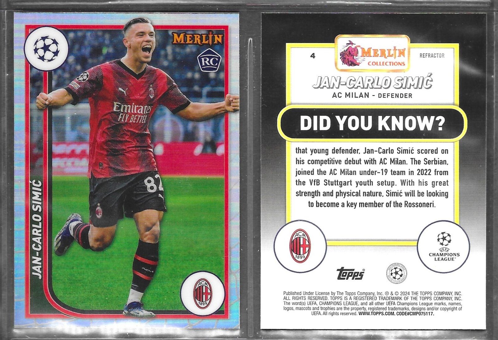 Topps Merlin 2024 #4 Jan-Carlo Simic AC Milan Rookie RC Refractor Card ...