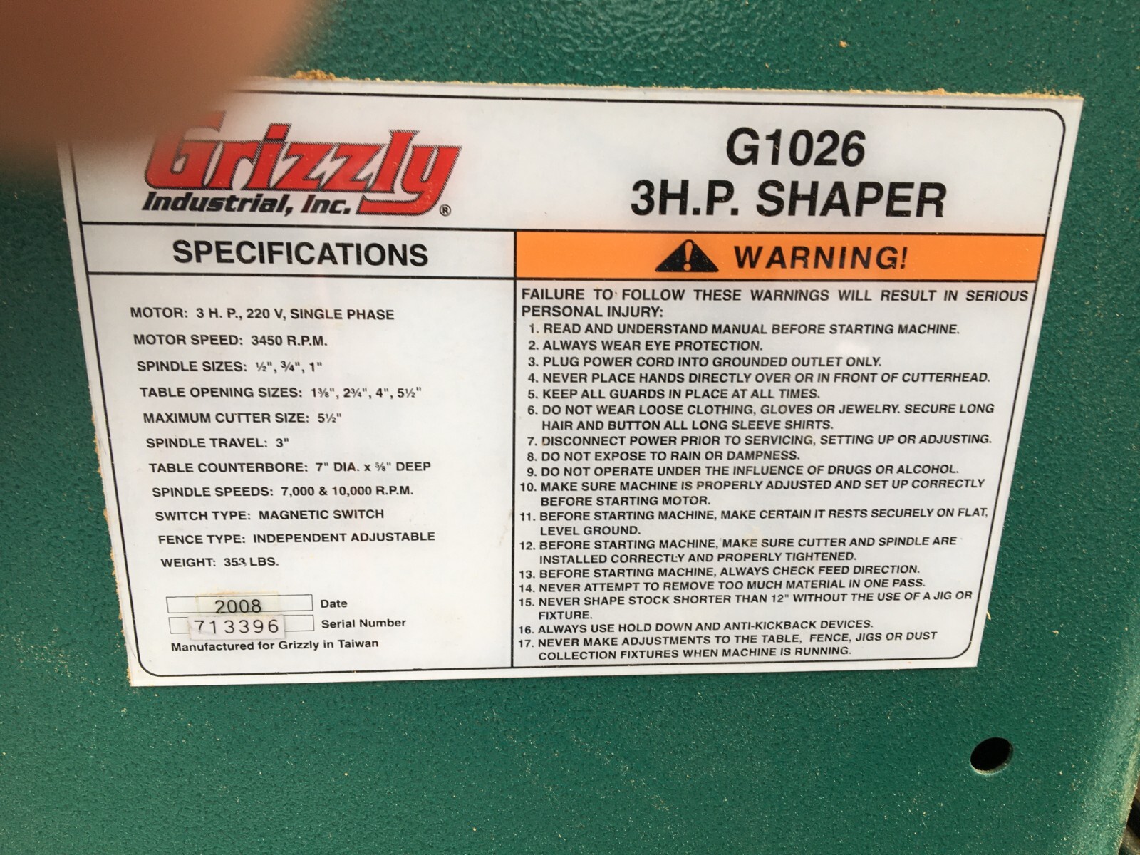 Grizzly G1026 wood Shaper 3 HP 240v woodworking machine router table ...