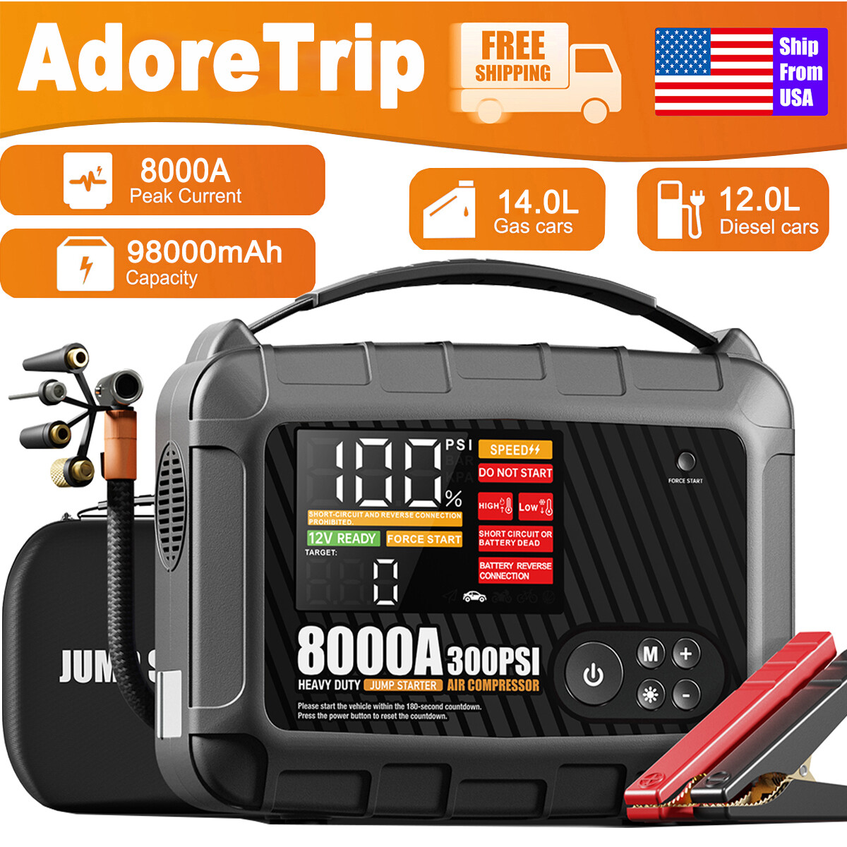8000A Car Jump Starter with Air Compressor Power Bank Portable Emergency Battery | eBay