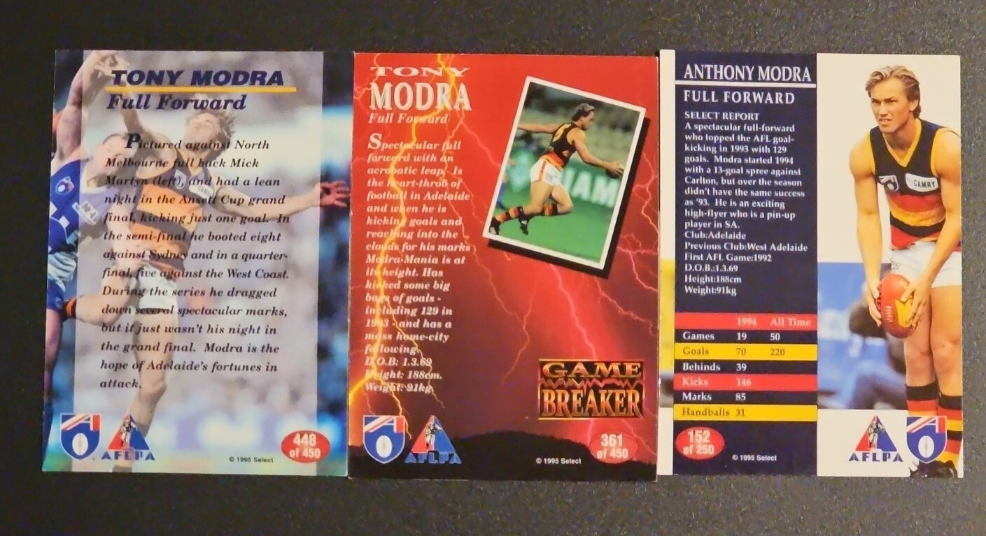 AFL SELECT TONY MODRA ADELAIDE CROWS CARD LOT (3) | eBay