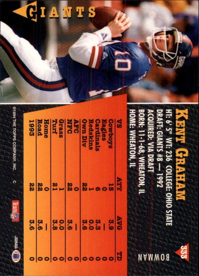 1994 Bowman Football Card #333 Kent Graham | eBay