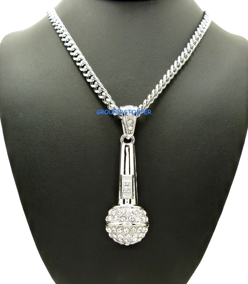 Microphone Necklace Rhinestone Pendant with Cuban Link Chain Mic DJ | eBay