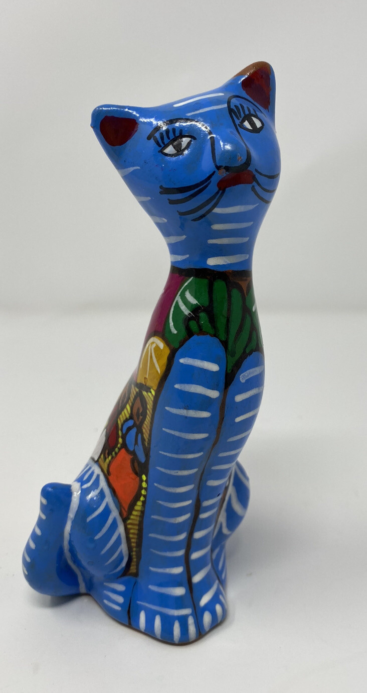 Colorful Storytelling Hand Painted Folk Art Terra Cotta Cat-Blue MEXICO ...