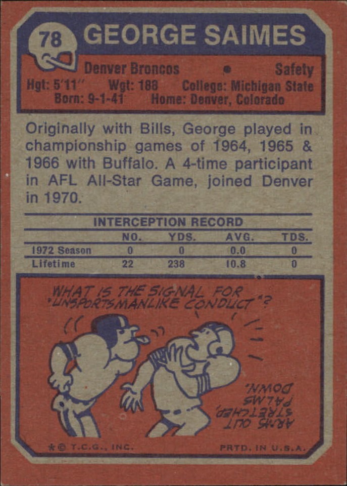 1973 Topps Football Card #78 George Saimes - EX-MT | eBay
