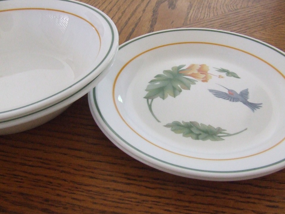 Corning Corelle HUMMINGBIRD HIBISCUS 2 Dessert plates & 2 Bowls ...