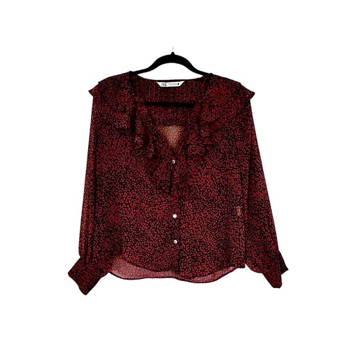 Zara Blouse Women's Size Small Black Red Animal Print Ruffle Metallic ...