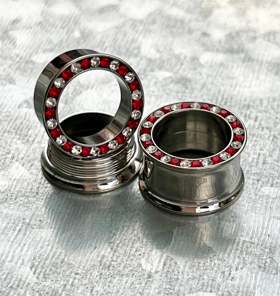 PAIR Internally Threaded Gem Rimmed Double Flare Tunnels Plugs Earlets ...