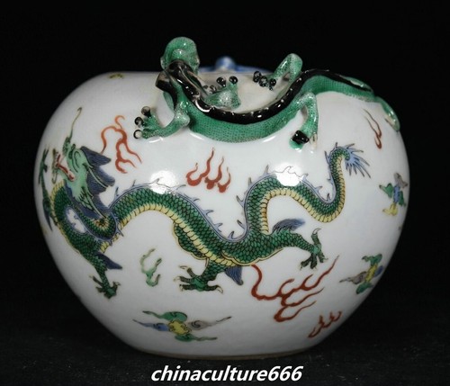 7" Old Qing Dynasty Wucai Porcelain Bat Dragon Loong Beast Pattern ...