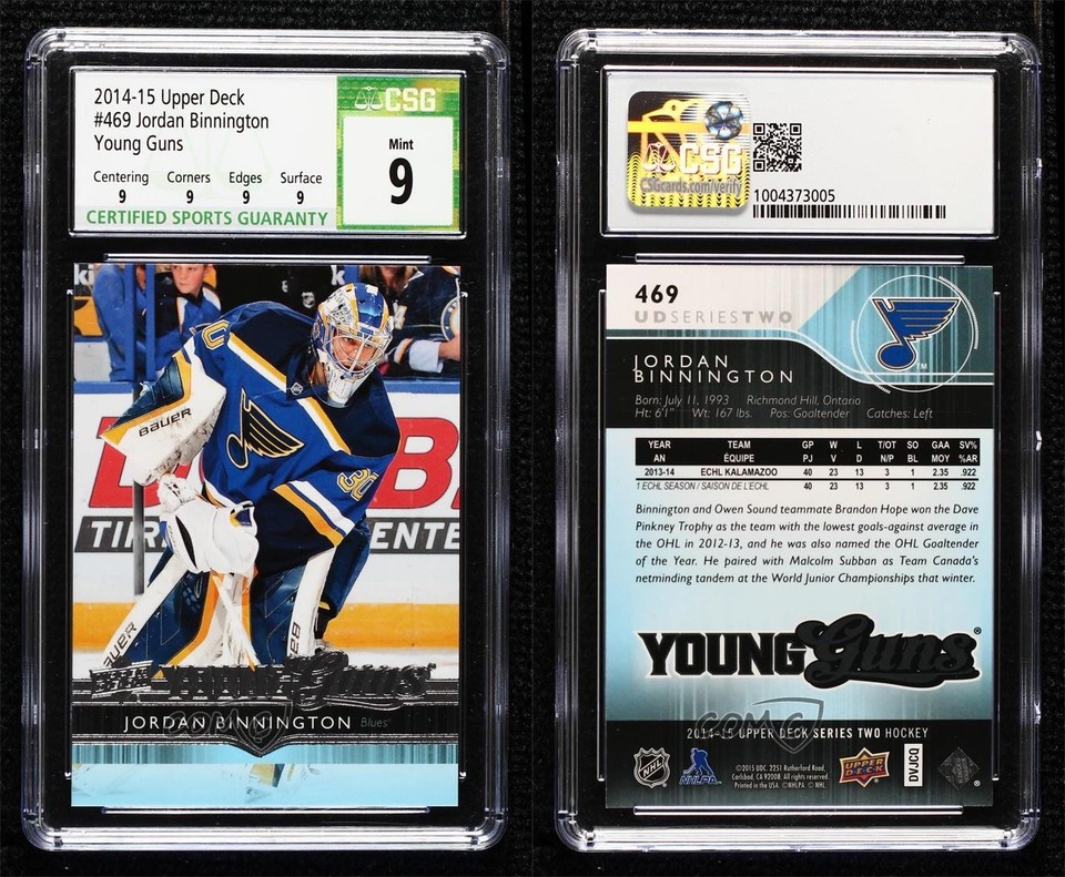 2014-15 Upper Deck Young Guns Jordan Binnington #469 CSG 9 Mint 02br | eBay