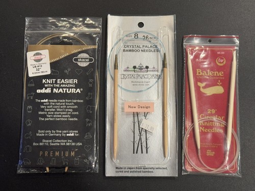 Lot of 3 knitting needles, Skacel 32”, Crystal Palace 26”, Balene 29 ...