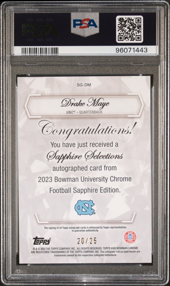 Drake Maye 2023 Bowman Chrome Sapphire Selections Autograph Orange PSA ...