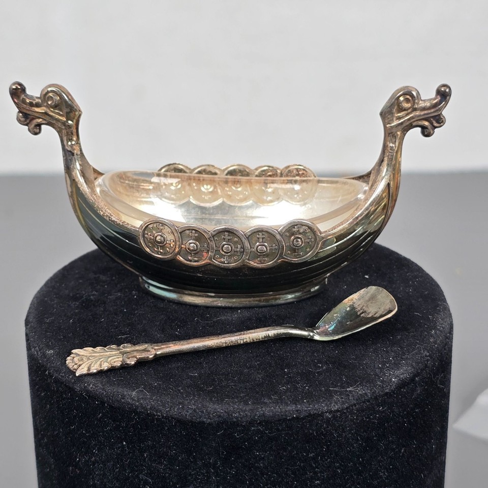 830s Silver Domkirken Norwegian Viking Ship Salt Cellar W/ Matching ...