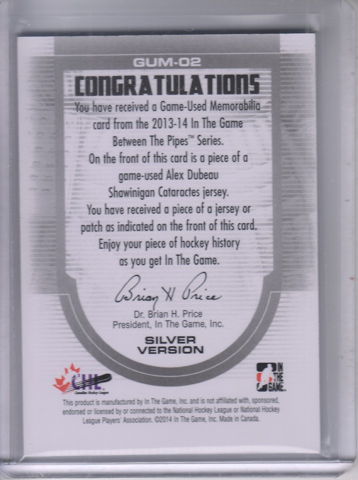 2013-14 Between the Pipes Jerseys Silver #GUM02 Alex Dubeau | eBay