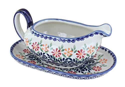 Blue Rose Polish Pottery Garden Bouquet Gravy Boat & Plate 680334188041 ...