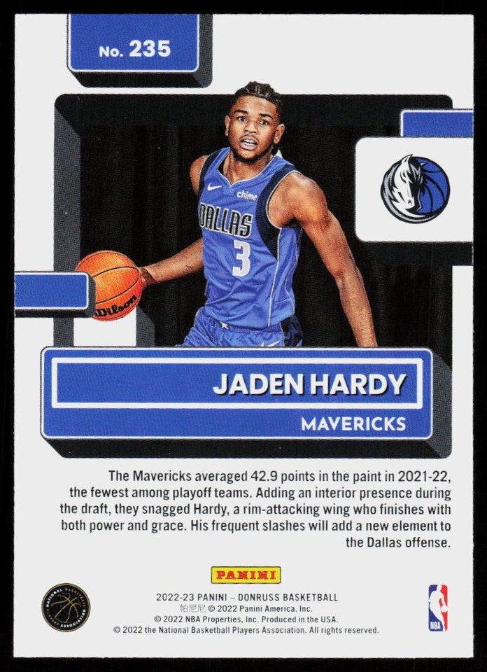 2022-23 Donruss Jaden Hardy #235 BASKETBALL Rookie Dallas Mavericks RC ...