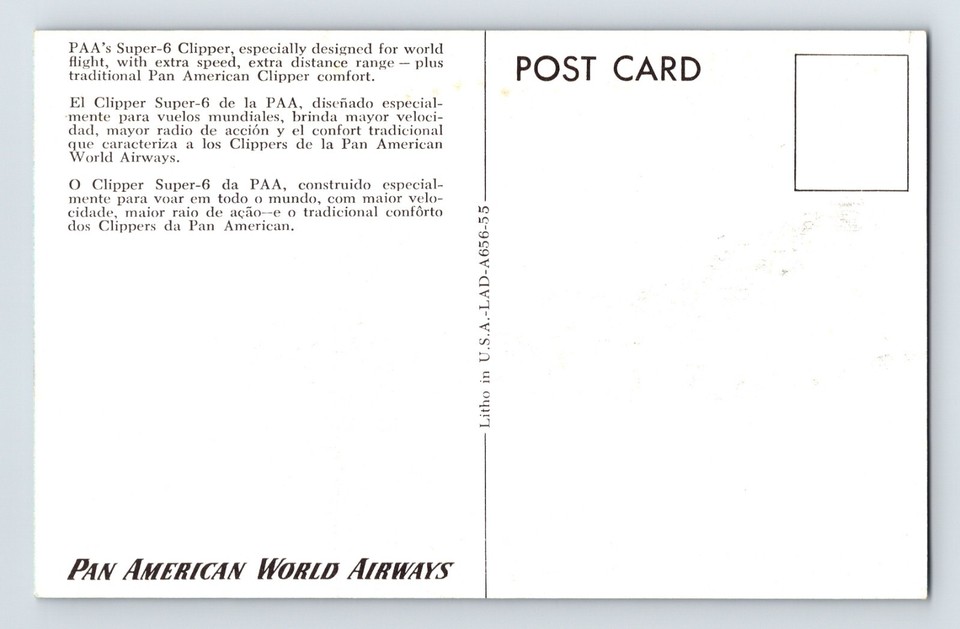 Postcard Pan American Airlines Am Airplane Super 6 Clipper 1960s ...