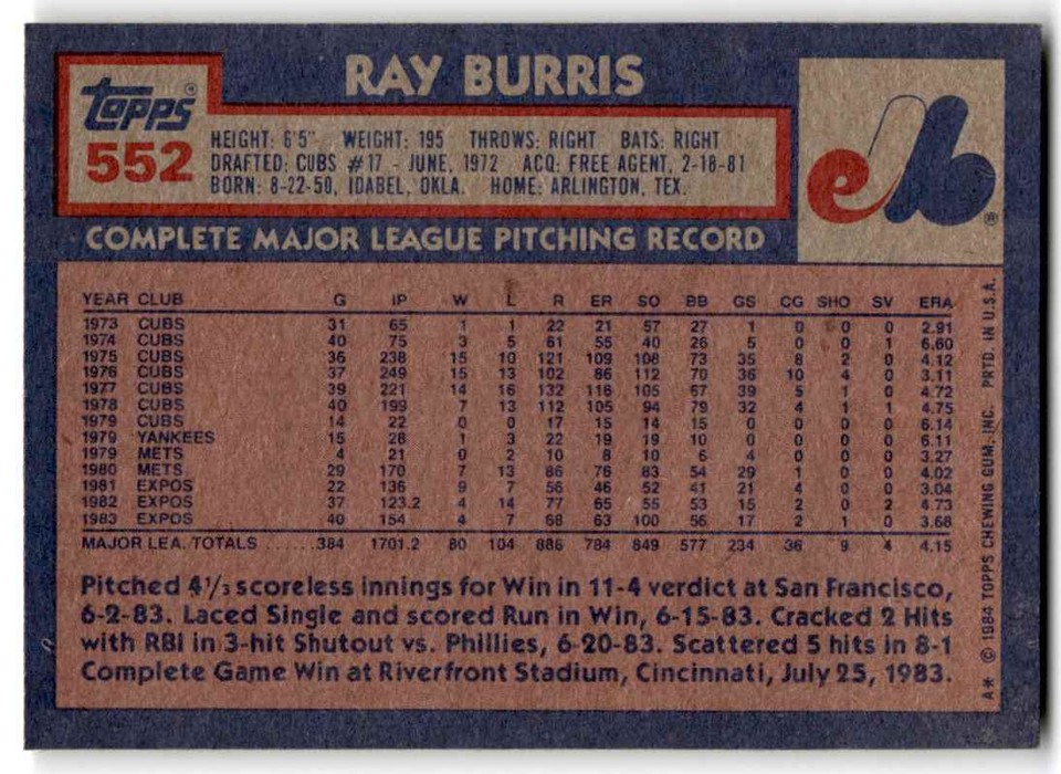 1984 Topps Ray Burris Montreal Expos #552 | eBay