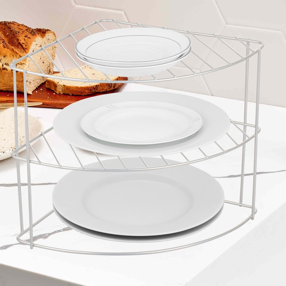 3 TIER KITCHEN CORNER PLATE RACK STORAGE HOLDER STAND PLATES CUPBOARD ...