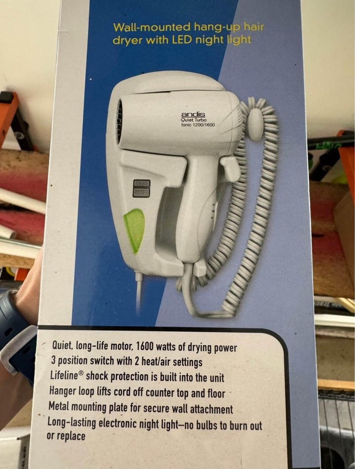 Andis Quiet Turbo Ionic Hair 1600 Watts HD-10L Wall Mount Hang Up White ...