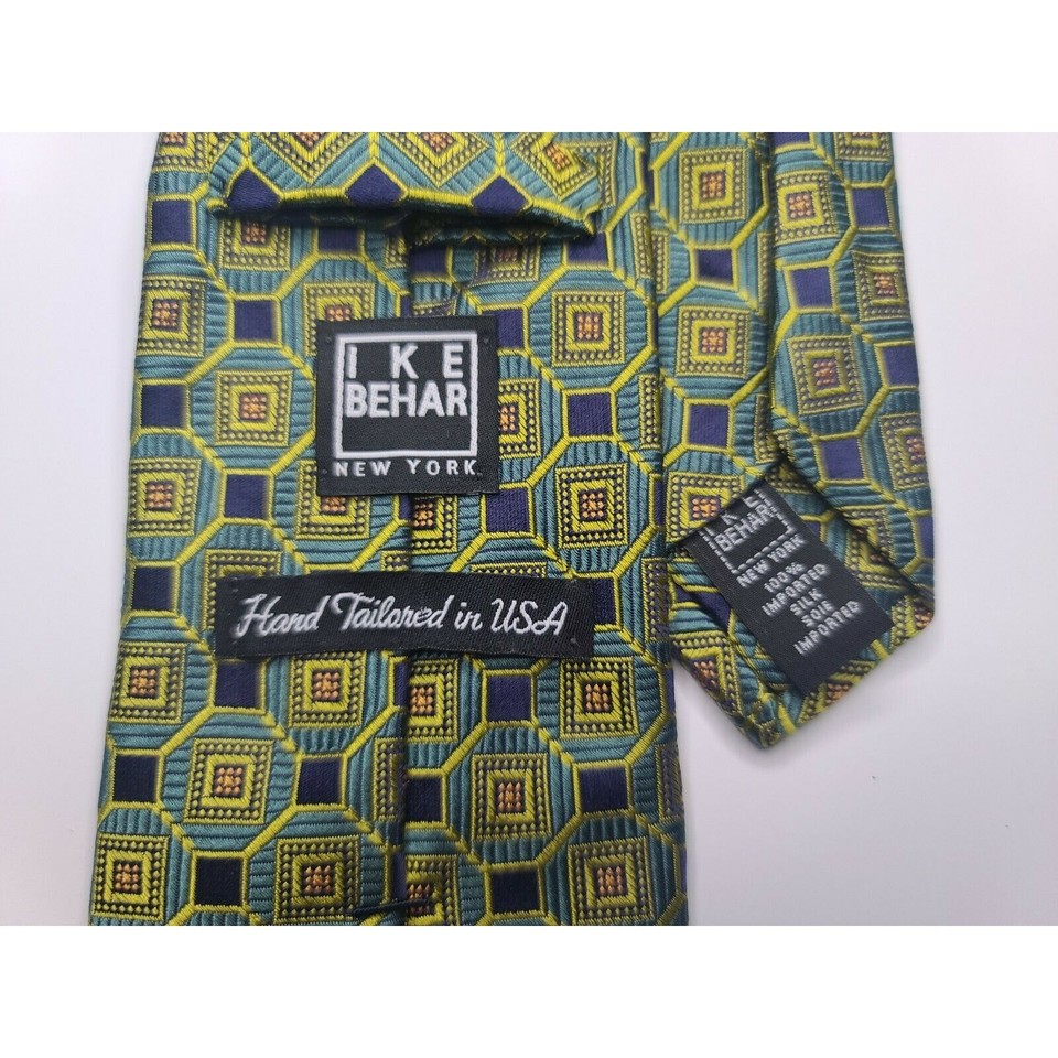 IKE BEHAR New York - 100% Silk - Blue Green Geometric Neck Tie - 60" | eBay