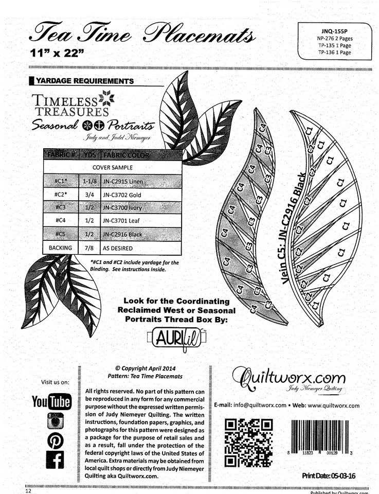 Judy Niemeyer Tea Time Leaf Placemats ~ Paper Piecing Quilt Pattern ...