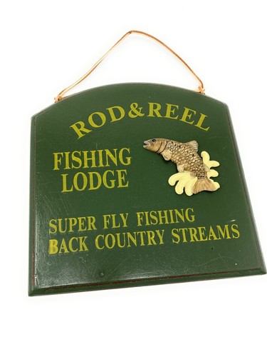 Rod & Reel Fly Fishing Lodge Cabin Sign Plaque Green 3-D Fish Rawhide ...
