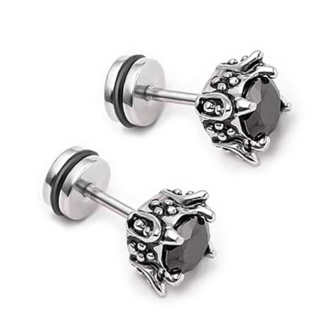 Mens Stainless Steel Black CZ Stud Earrings Punk Retro Dark Shadow ...