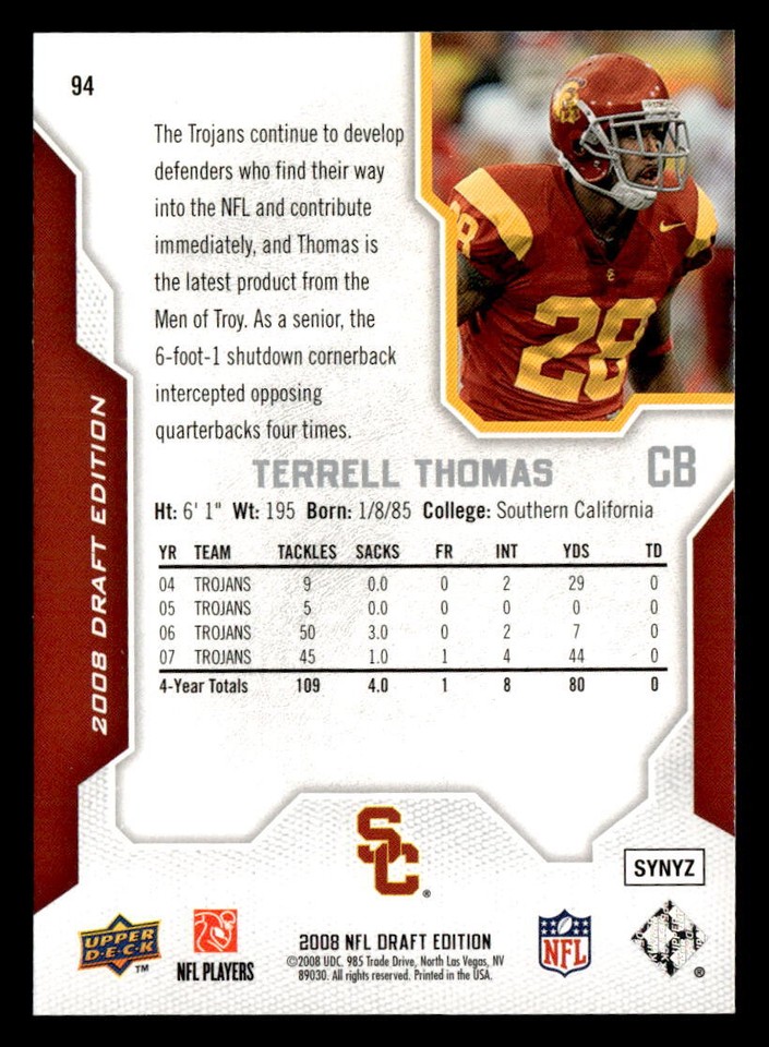 Terrell Thomas 2008 Upper Deck Draft Edition Rookie Card #94 USC ...
